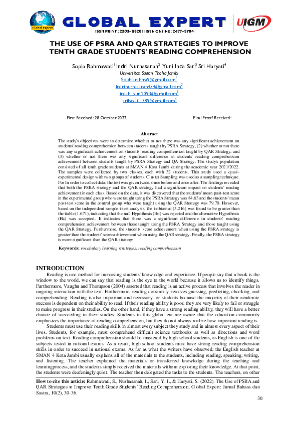 (PDF) The Use of Psra and Qar Strategies to Improve Tenth Grade ...