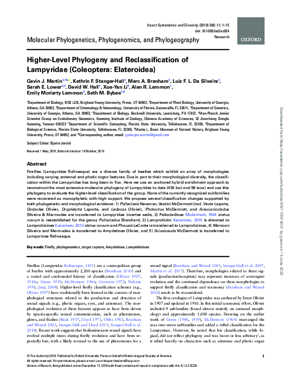 (PDF) Higher-Level Phylogeny and Reclassification of Lampyridae ...