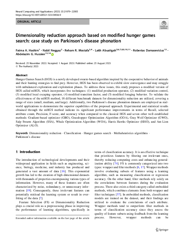 (PDF) Dimensionality reduction approach based on modified hunger games ...