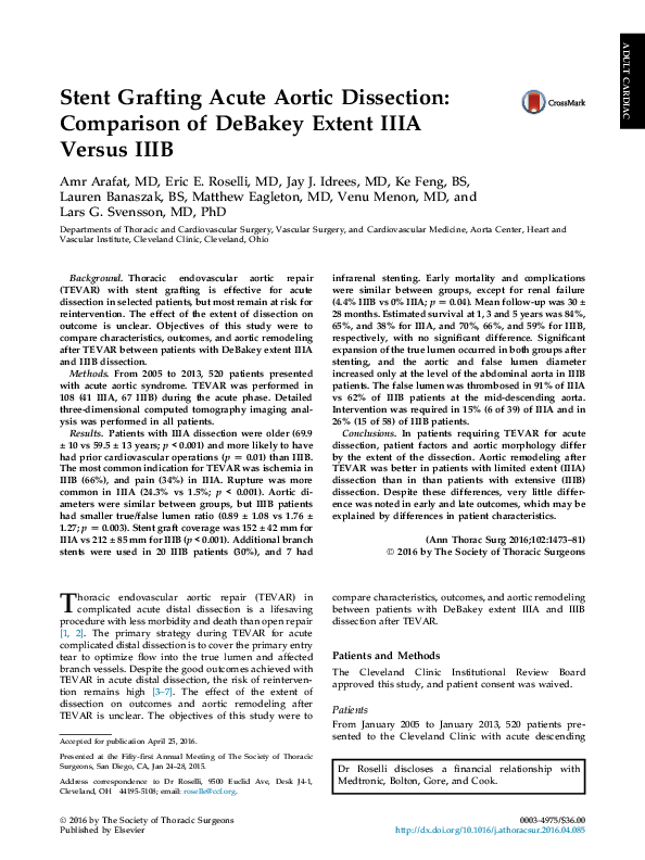 (PDF) Stent Grafting Acute Aortic Dissection: Comparison of DeBakey ...