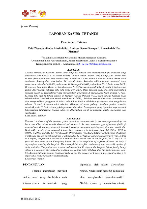 (PDF) LAPORAN KASUS: TETANUS Case Report: Tetanus