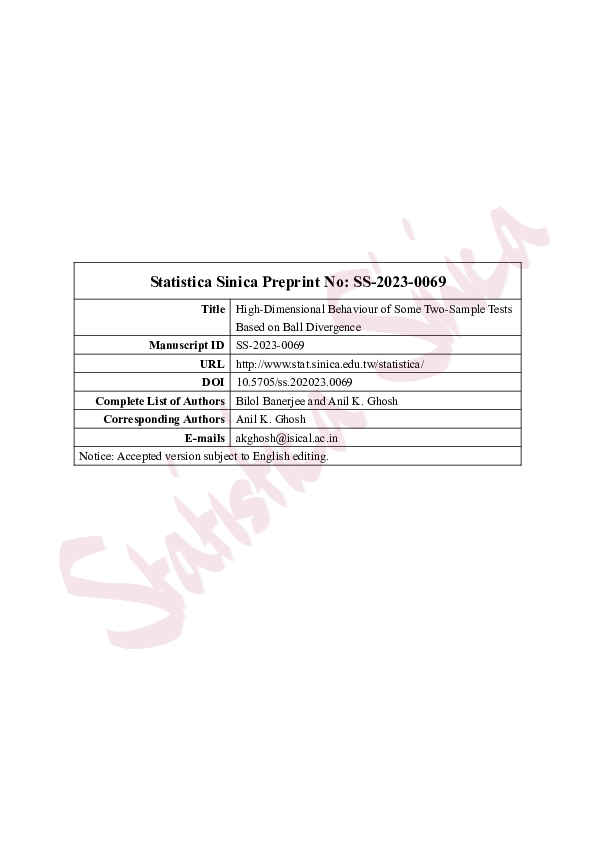 (PDF) High-Dimensional Behaviour of Some Two-Sample Tests Based on Ball ...