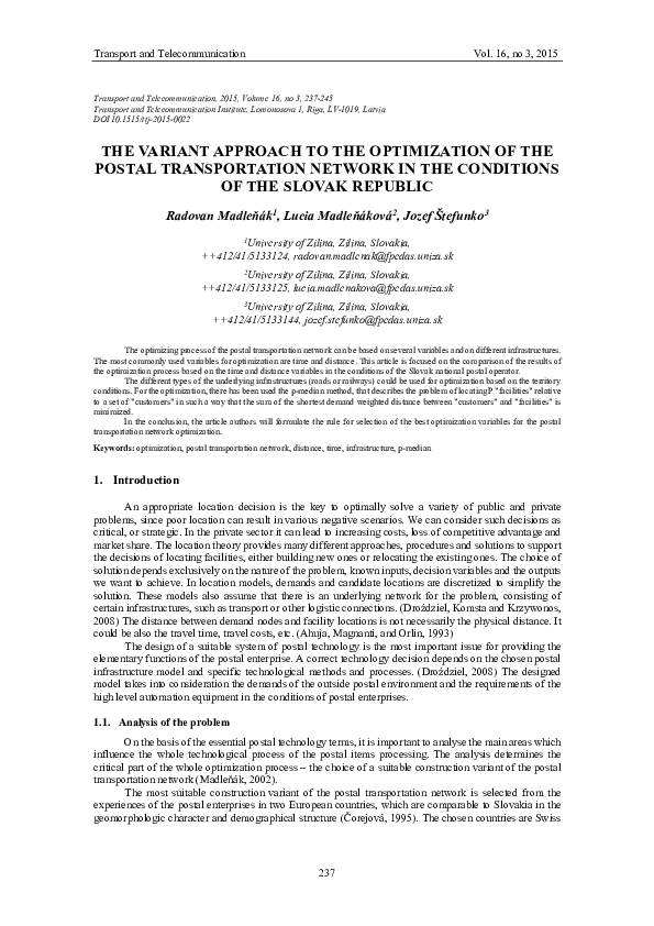 (PDF) The Variant Approach To The Optimization Of The Postal ...