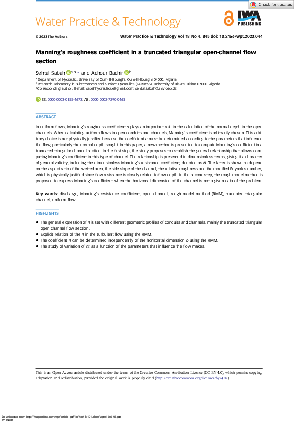 (PDF) Manning's roughness coefficient in a truncated triangular open ...