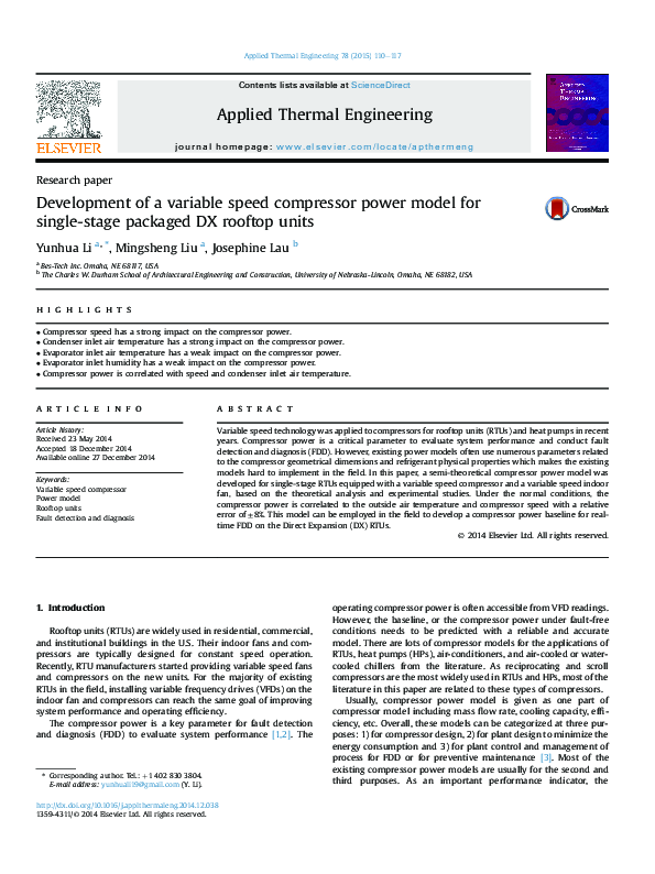 (PDF) Development of a variable speed compressor power model for single ...