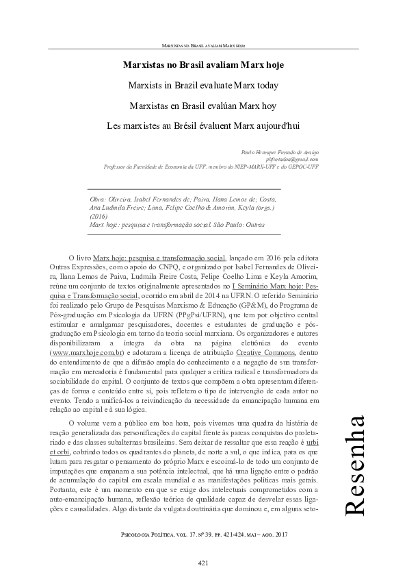 (PDF) Marxistas no Brasil avaliam Marx hoje
