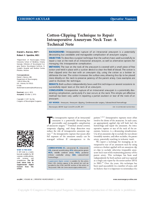 (PDF) Cotton-Clipping Technique to Repair Intraoperative Aneurysm Neck ...