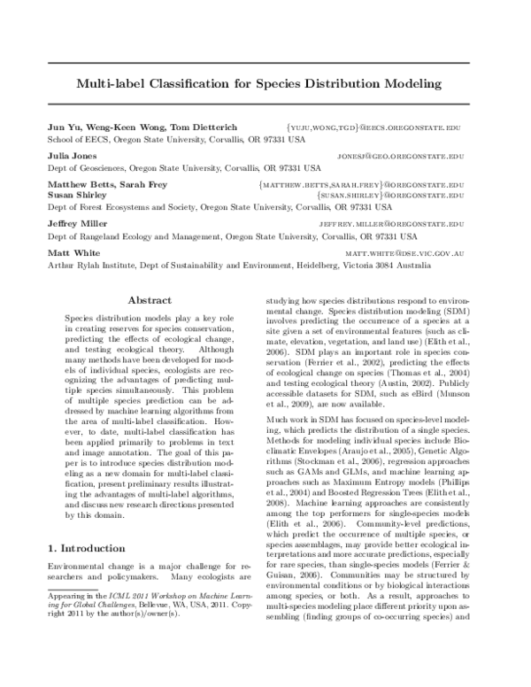 (PDF) Multi-label Classification for Multi-Species Distribution Modeling | Julia A Jones ...