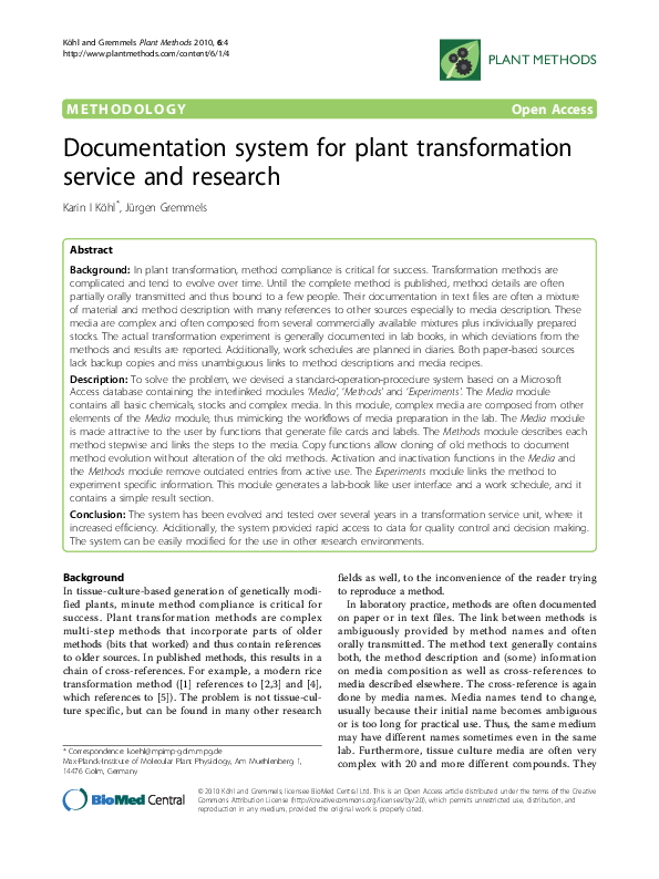 (PDF) Documentation system for plant transformation service and research