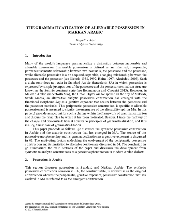 (PDF) THE GRAMMATICATIZATION OF ALIENABLE POSSESSION IN MAKKAN ARABIC