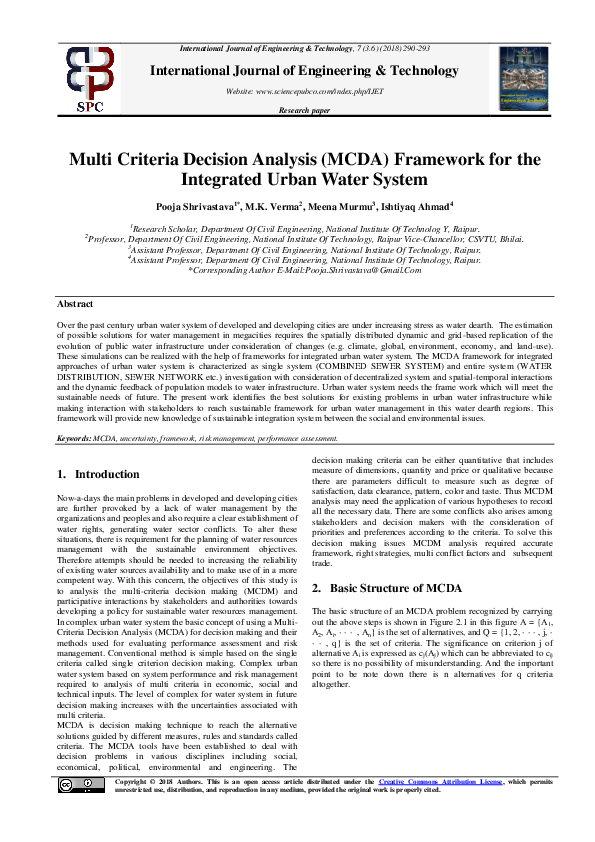 (PDF) Multi Criteria Decision Analysis (MCDA) Framework for the Integrated Urban Water System