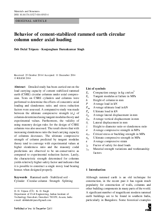 (PDF) Behavior of cement-stabilized rammed earth circular column under axial loading