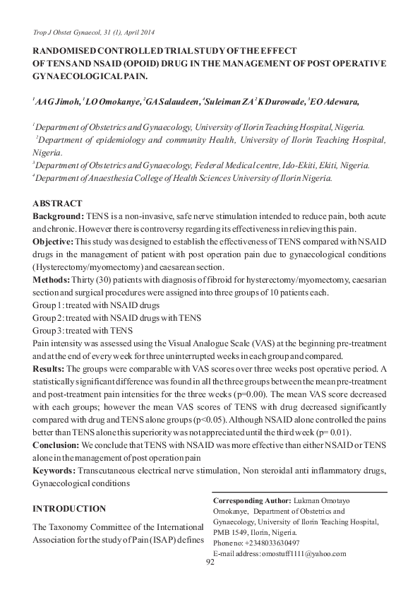 (PDF) Randomised Controlled Trial Study of the Effect of TENS and NSAID (Opoid) Drug in the ...