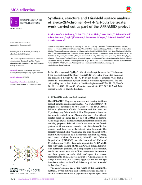 (PDF) Synthesis, structure and Hirshfeld surface analysis of 2-oxo-2 H -chromen-6-yl 4- tert ...