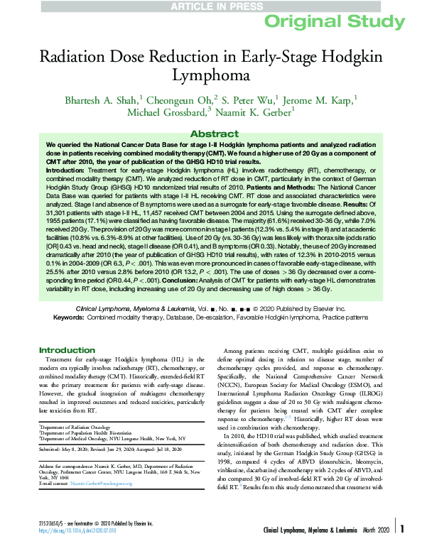 (PDF) Radiation Dose Reduction in Early-Stage Hodgkin Lymphoma