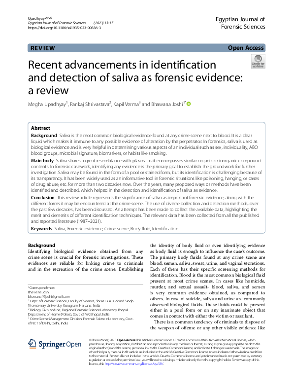 (PDF) Forensic Analysis of Saliva Evidence Advances