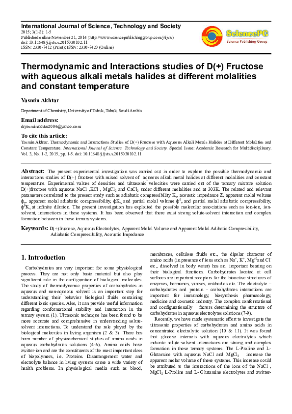 (PDF) Thermodynamic and Interactions Studies of D(+) Fructose with ...