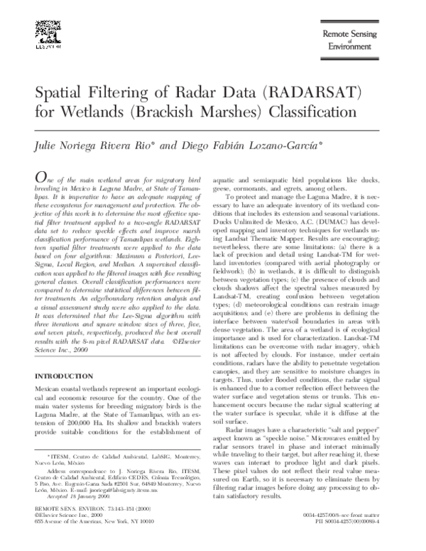 (PDF) Spatial Filtering of Radar Data (RADARSAT) for Wetlands (Brackish ...