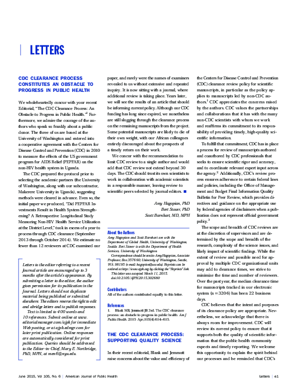 (PDF) CDC Clearance Process Constitutes an Obstacle to Progress in ...