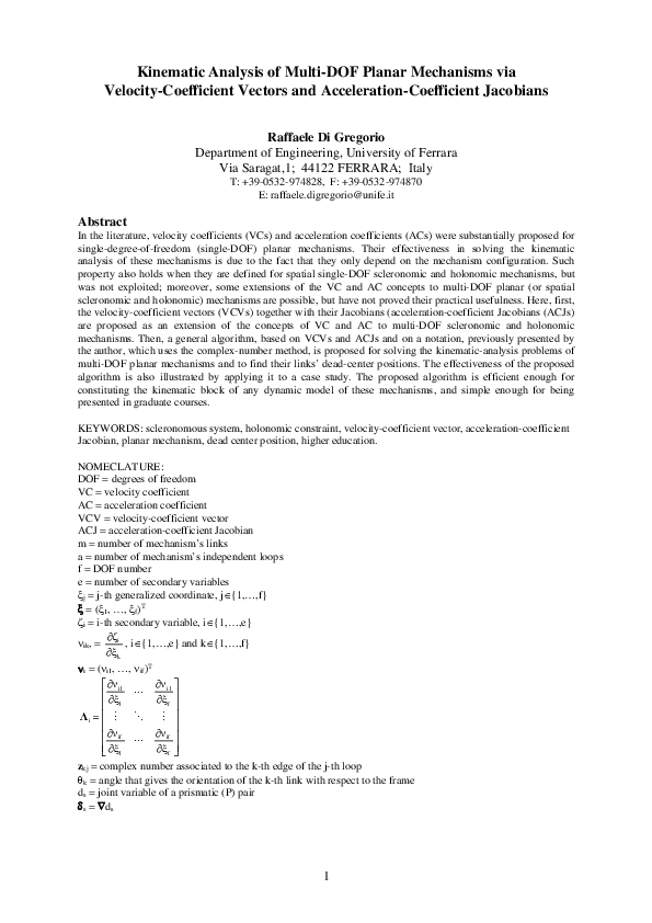 (PDF) Kinematic analysis of multi-DOF planar mechanisms via velocity-coefficient vectors and ...