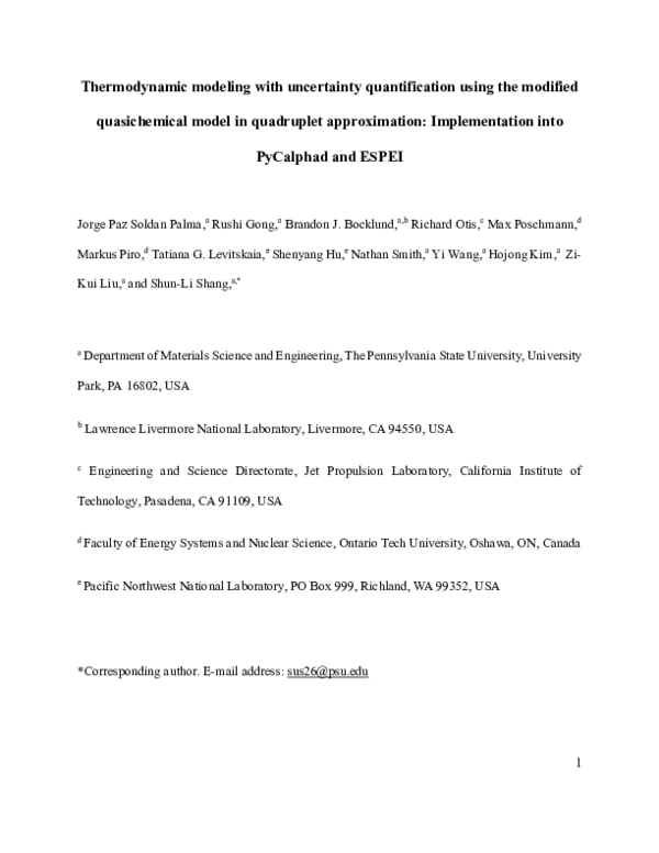 (PDF) Thermodynamic modeling with uncertainty quantification using the modified quasichemical ...
