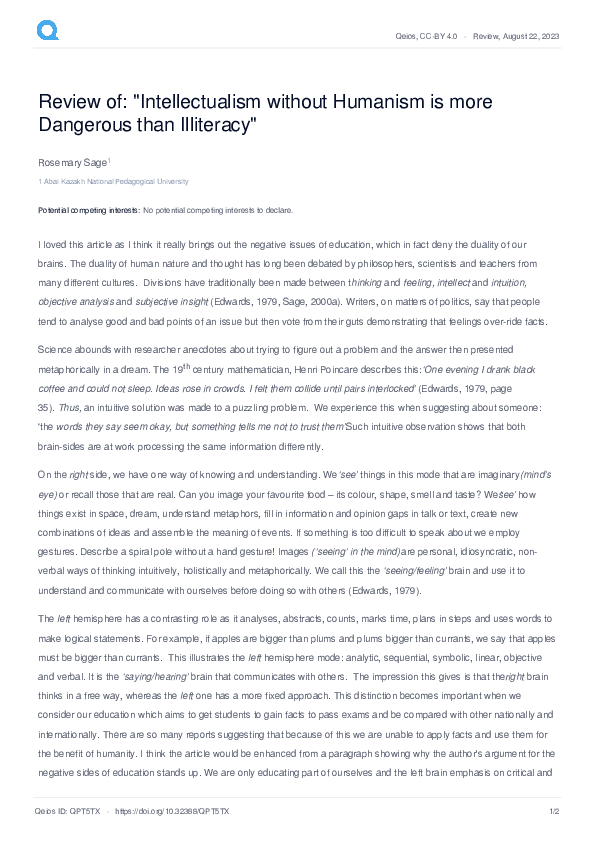 (PDF) Review of: "Intellectualism without Humanism is more Dangerous ...