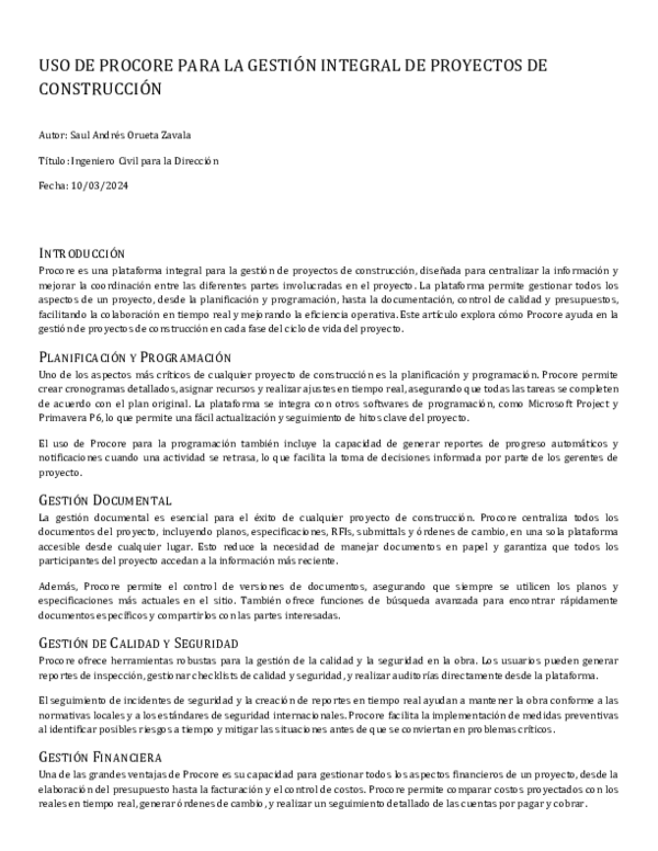 (PDF) USO DE PROCORE PARA LA GESTIÓN INTEGRAL DE PROYECTOS DE CONSTRUCCIÓN