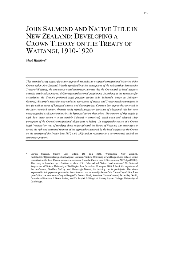 (PDF) John Salmond and Native Title in New Zealand: Developing a Crown ...