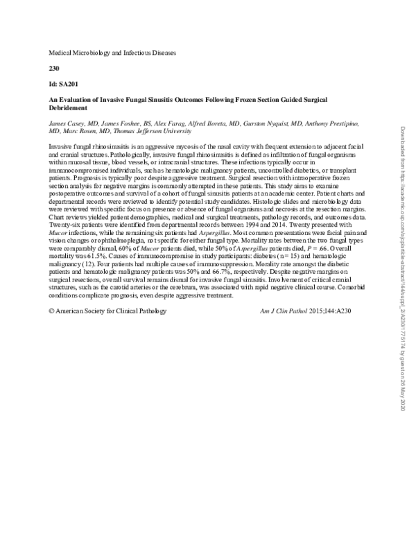 (PDF) An Evaluation of Invasive Fungal Sinusitis Outcomes Following ...