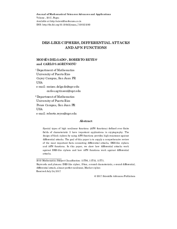 (PDF) Des-Like Ciphers, Differential Attacks and Apn Functions