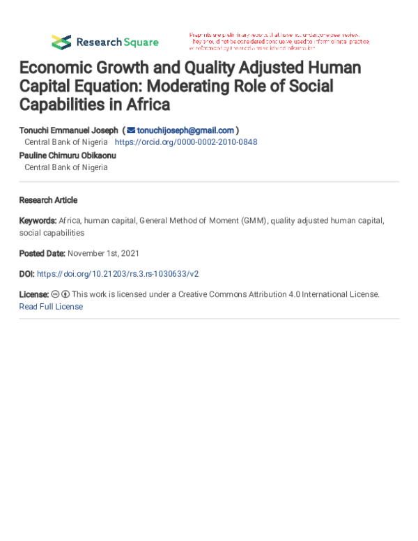 (PDF) Economic Growth and Quality Adjusted Human Capital Equation ...