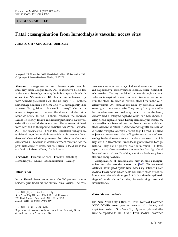 (PDF) Fatal exsanguination from hemodialysis vascular access sites