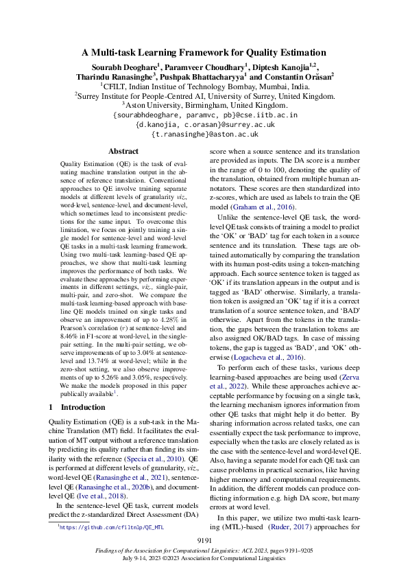 (PDF) A Multi-task Learning Framework for Quality Estimation