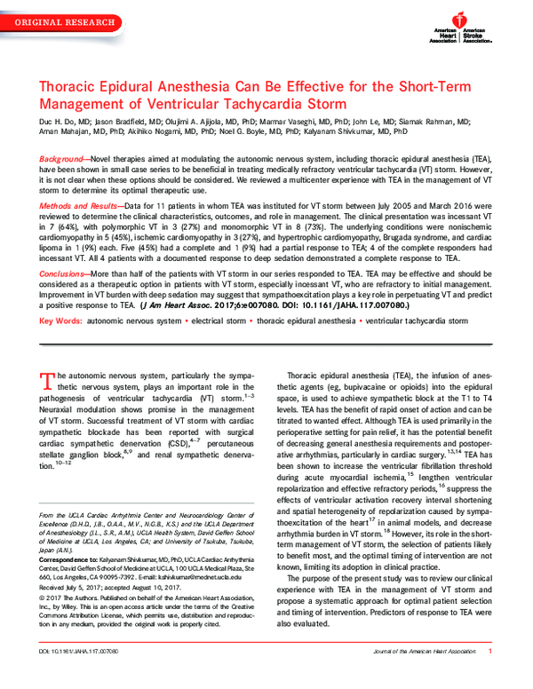(PDF) Thoracic Epidural Anesthesia Can Be Effective for the Short-Term Management of Ventricular ...