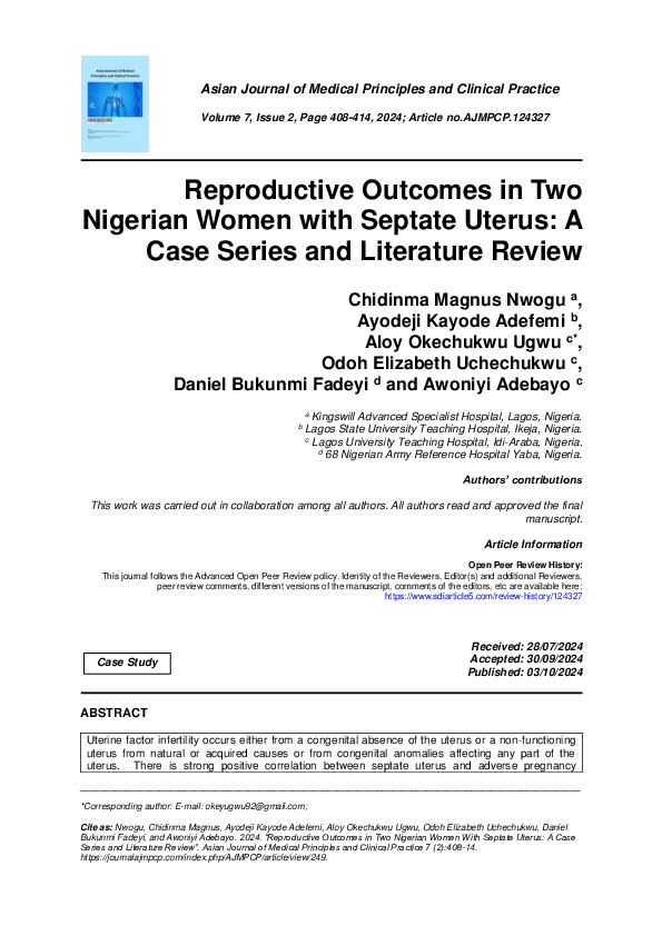 (PDF) Reproductive Outcomes in Two Nigerian Women with Septate Uterus ...