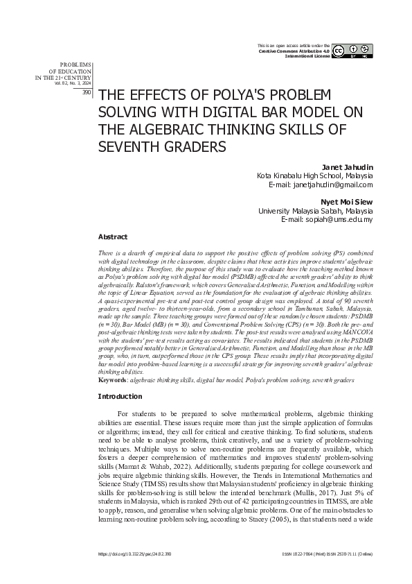 (PDF) The Effects of Polya's Problem Solving with Digital Bar Model on ...