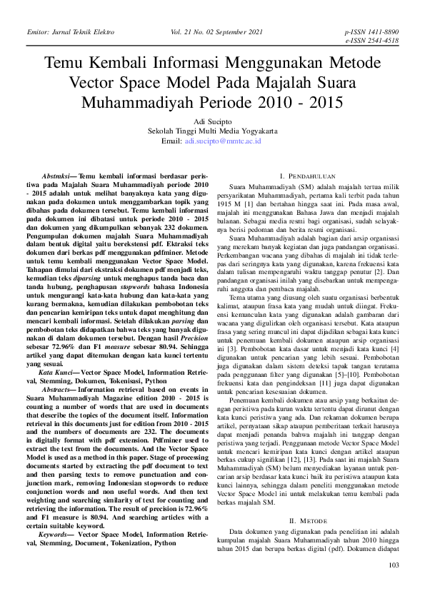 (PDF) Temu Kembali Informasi Menggunakan Metode Vector Space Model Pada ...