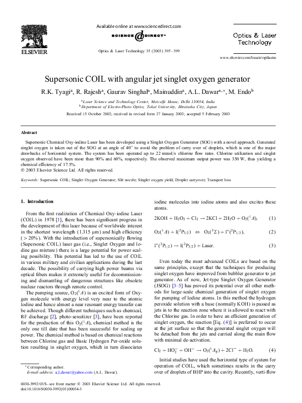 (PDF) Supersonic COIL with angular jet singlet oxygen generator