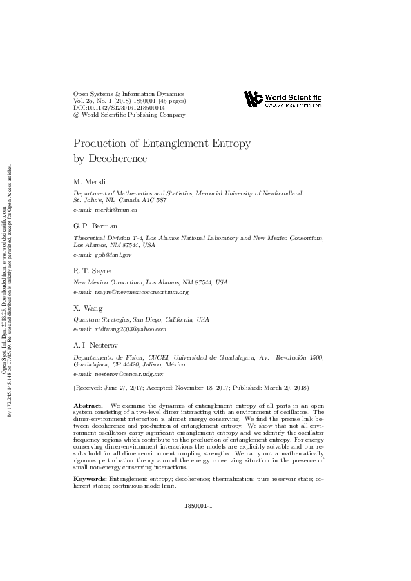 (PDF) Production of Entanglement Entropy by Decoherence