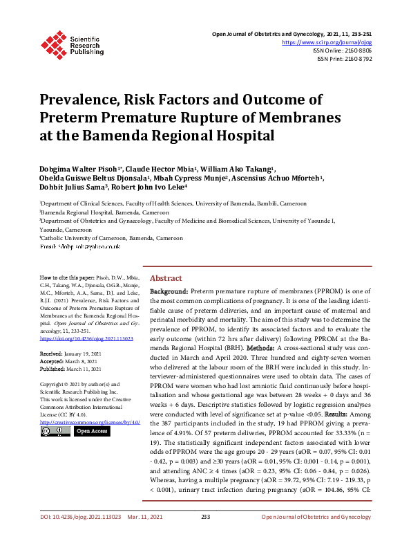 (PDF) Prevalence, Risk Factors and Outcome of Preterm Premature Rupture ...