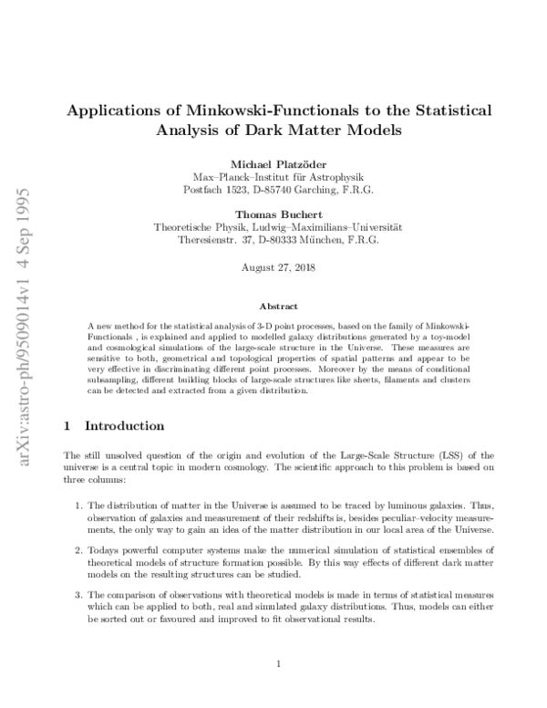 (PDF) Applications of Minkowski functionals to the statistical analysis of dark matter models ...