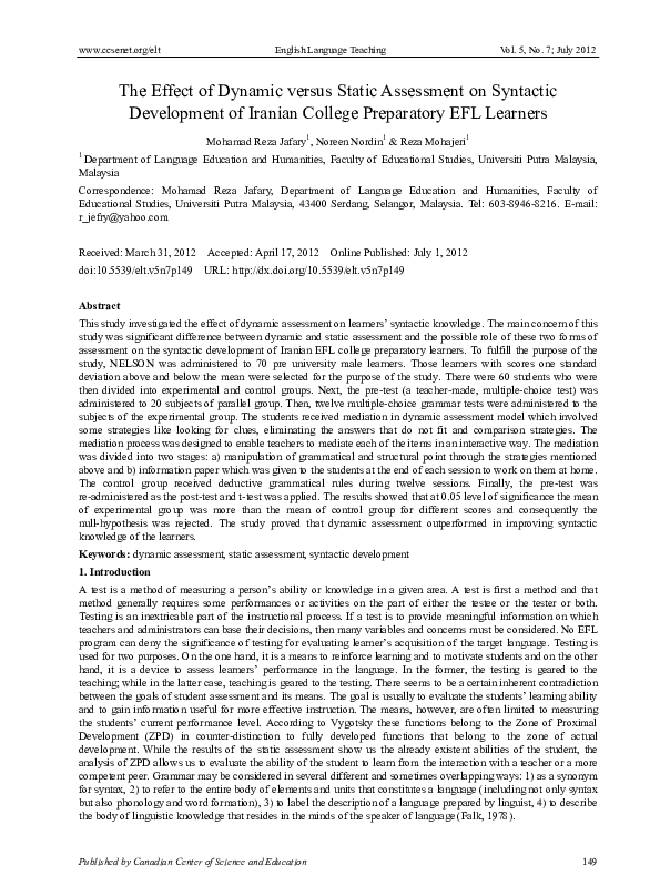 (PDF) The Effect of Dynamic versus Static Assessment on Syntactic Development of Iranian College ...