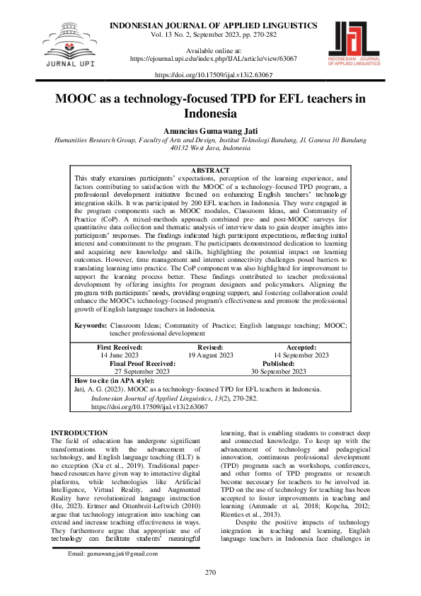 (PDF) MOOC as a technology-focused TPD for EFL teachers in Indonesia