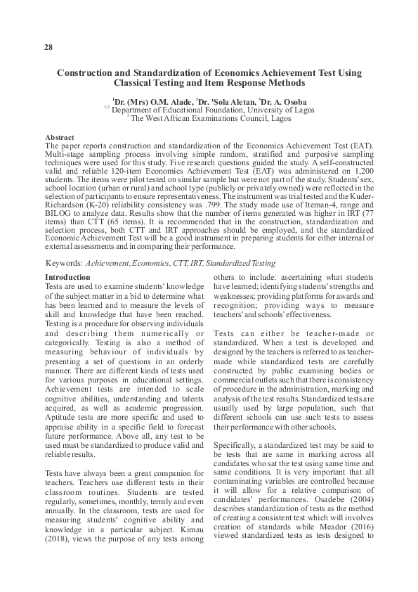 (PDF) Construction and Standardization of Economics Achievement Test ...