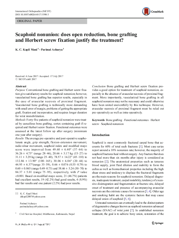 (PDF) Scaphoid nonunion: does open reduction, bone grafting and Herbert ...