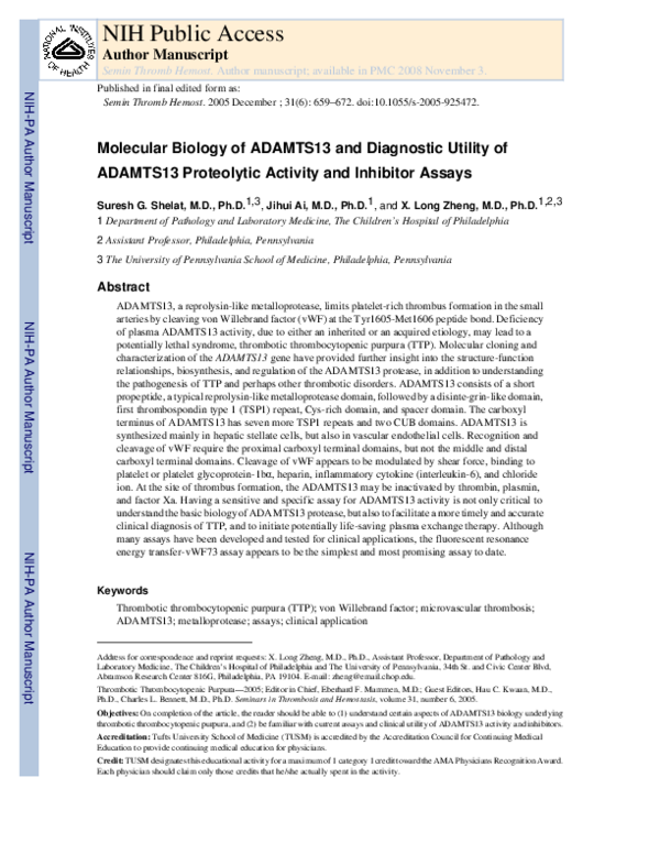 (PDF) Molecular Biology of ADAMTS13 and Diagnostic Utility of ADAMTS13 ...