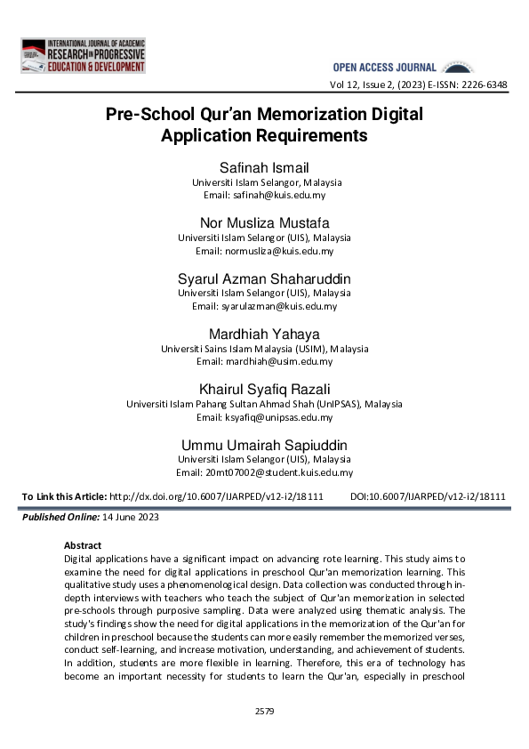 (PDF) Pre-School Qur’an Memorization Digital Application Requirements