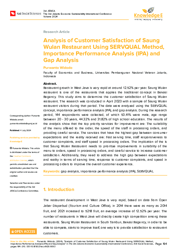 (PDF) Analysis of Customer Satisfaction of Saung Wulan Restaurant Using SERVQUAL Method ...
