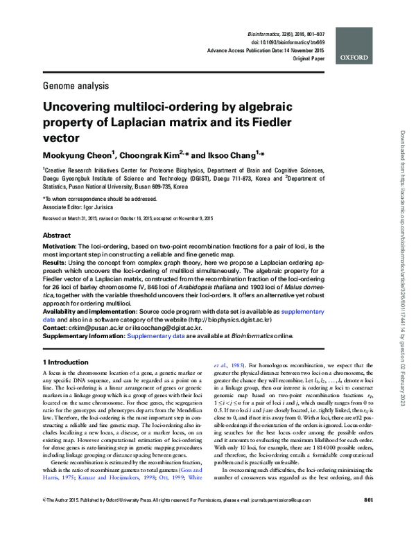 (PDF) Uncovering Multi Loci-Ordering by Algebraic Property of Laplacian ...