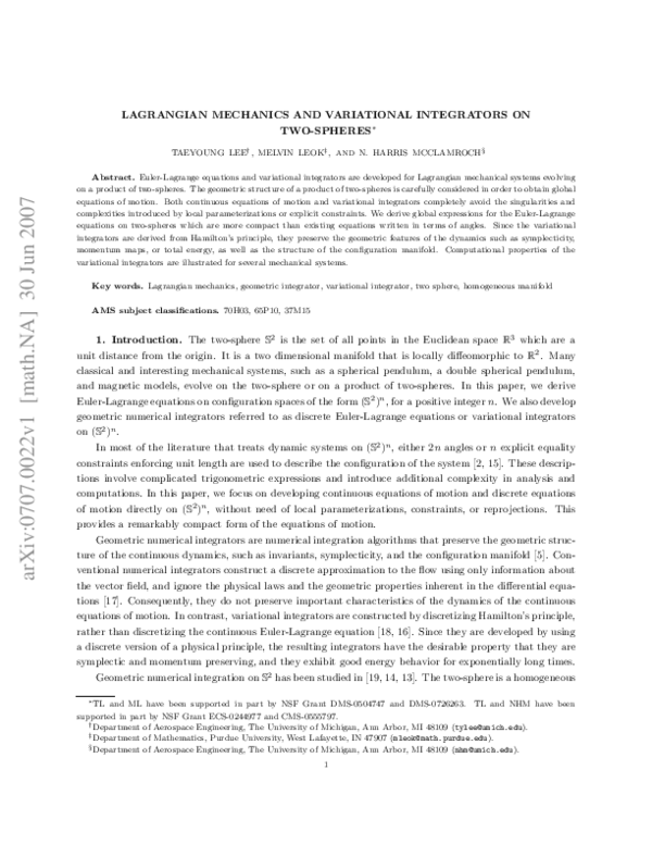 (PDF) Lagrangian Mechanics and Variational Integrators on Two-Spheres